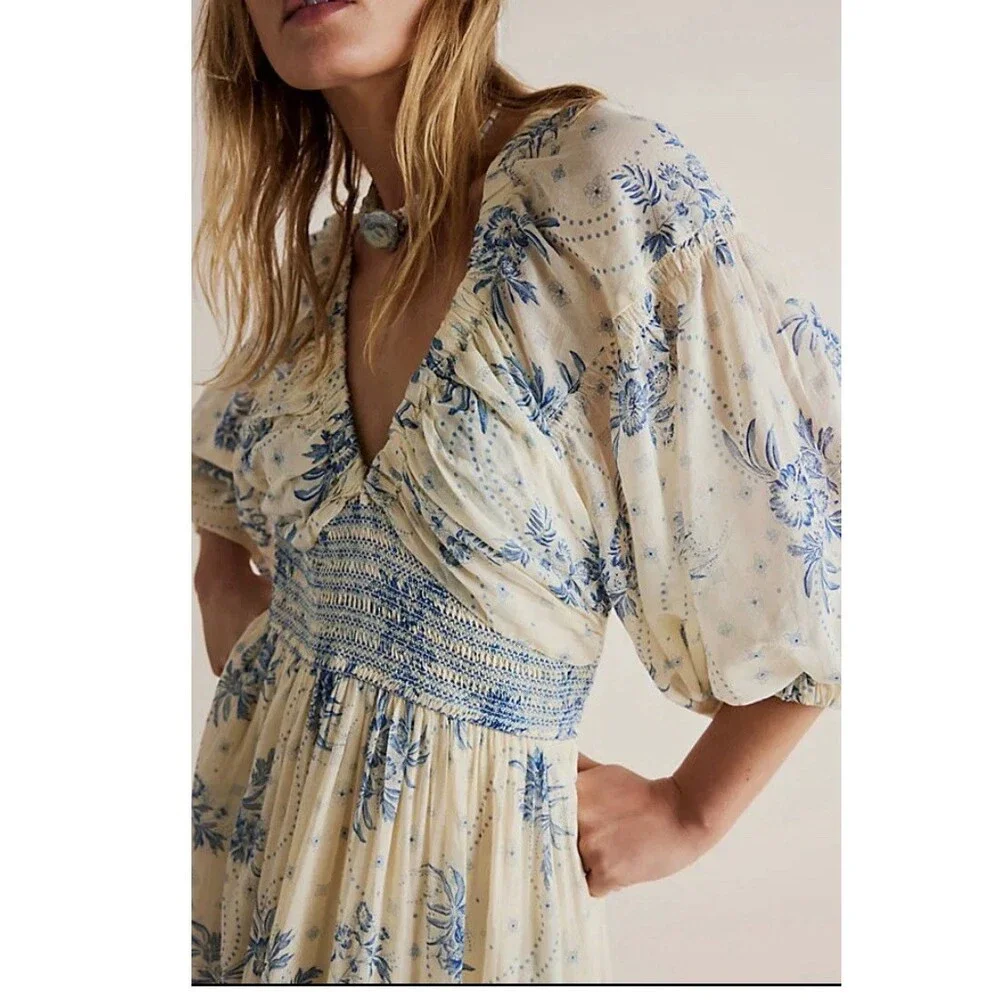 Free People | Dresses | Free People Golden Hour Blue Floral Cotton Maxi ...